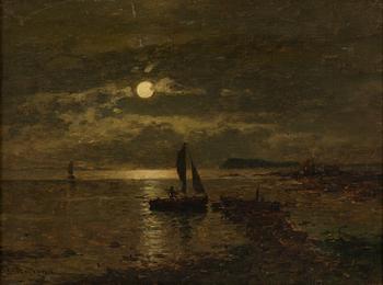 Axel Nordgren, Månskenslandskap med fiskeskuta. - Bukowskis