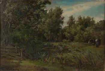 Willem Vester, Landscape with a Cow and a Milkmaid. - Bukowskis