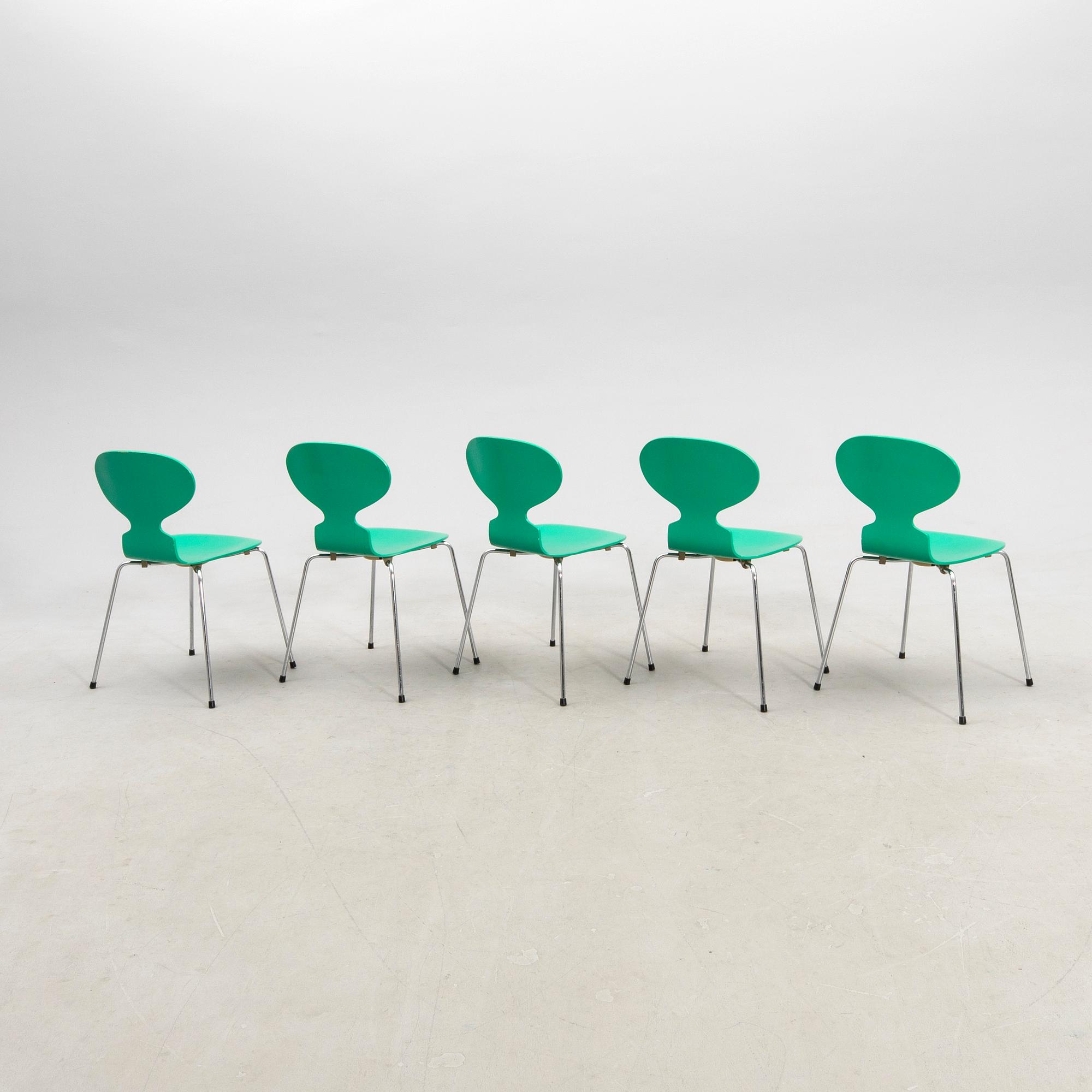 Arne Jacobsen, 5 "Myran" chairs for Fritz Hansen Denmark, latter part ...