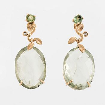Earrings with checker cut green quartz, peridot, and small brilliant ...
