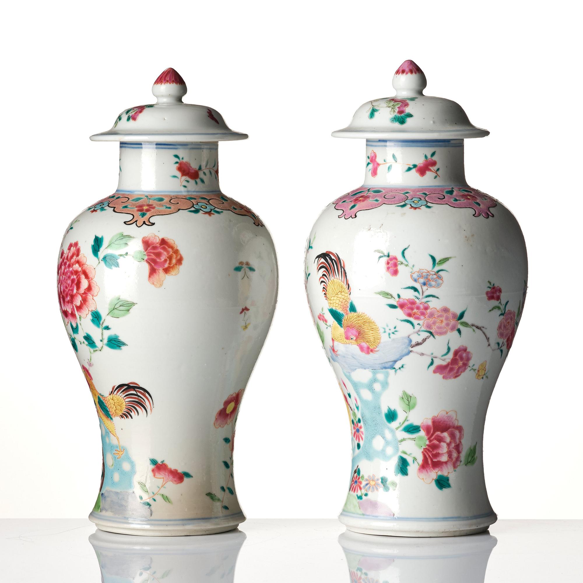 A pair of famille rose rooster vases with covers, Qing dynasty, 18th ...