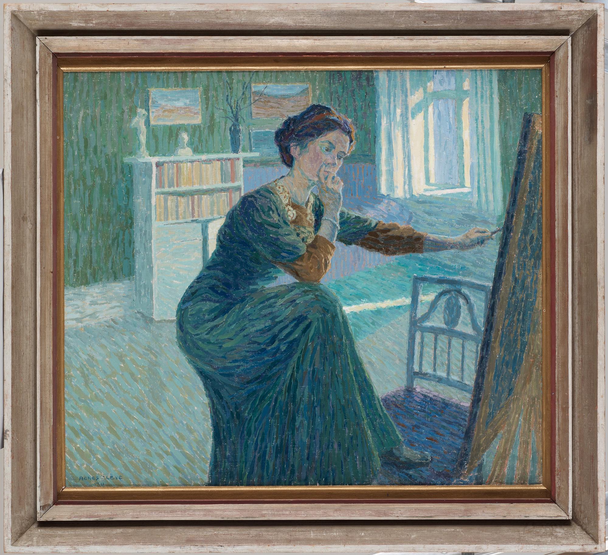 Agnes Cleve, Self portrait by the easel. - Bukowskis