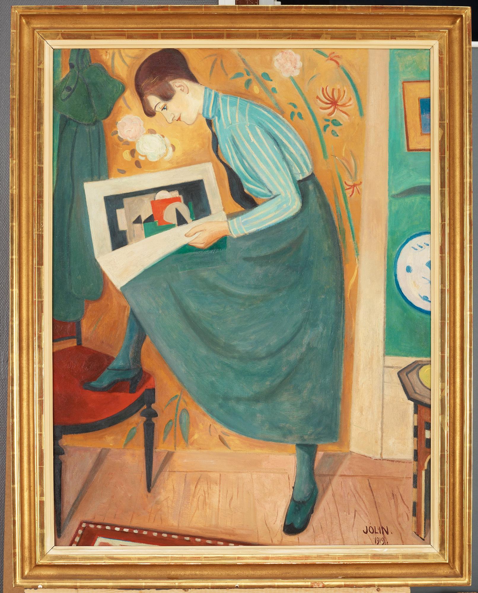 Einar Jolin, "Ung dam läsande konsttidskrift" (Young woman reading art magazine). - Bukowskis