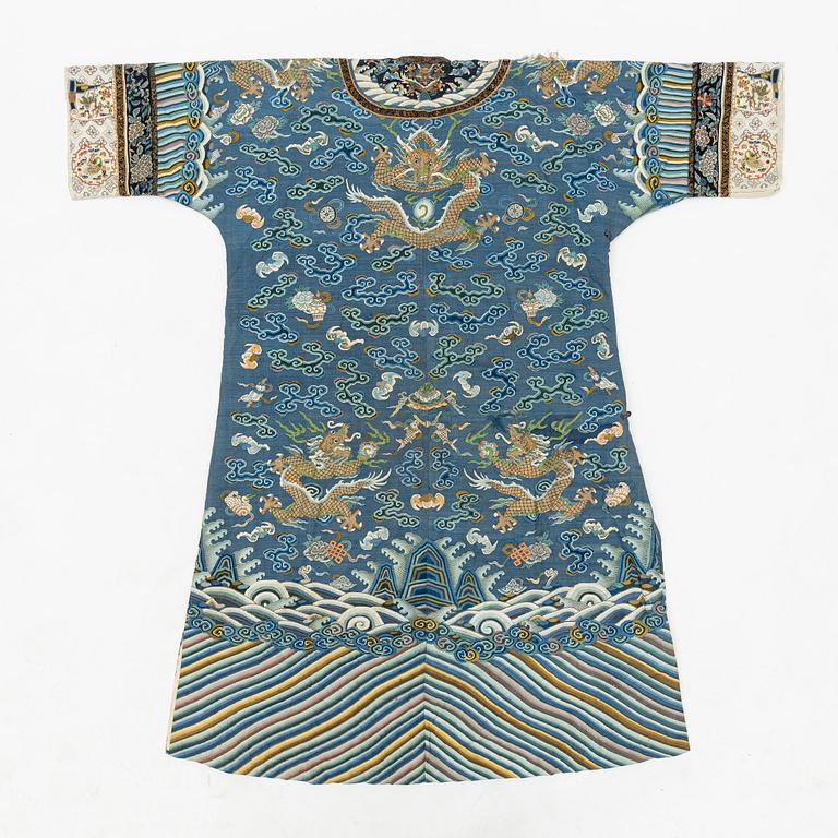 A five clawed dragon kesi robe on blue ground, Jifu, Qing dynasty, 19th ...