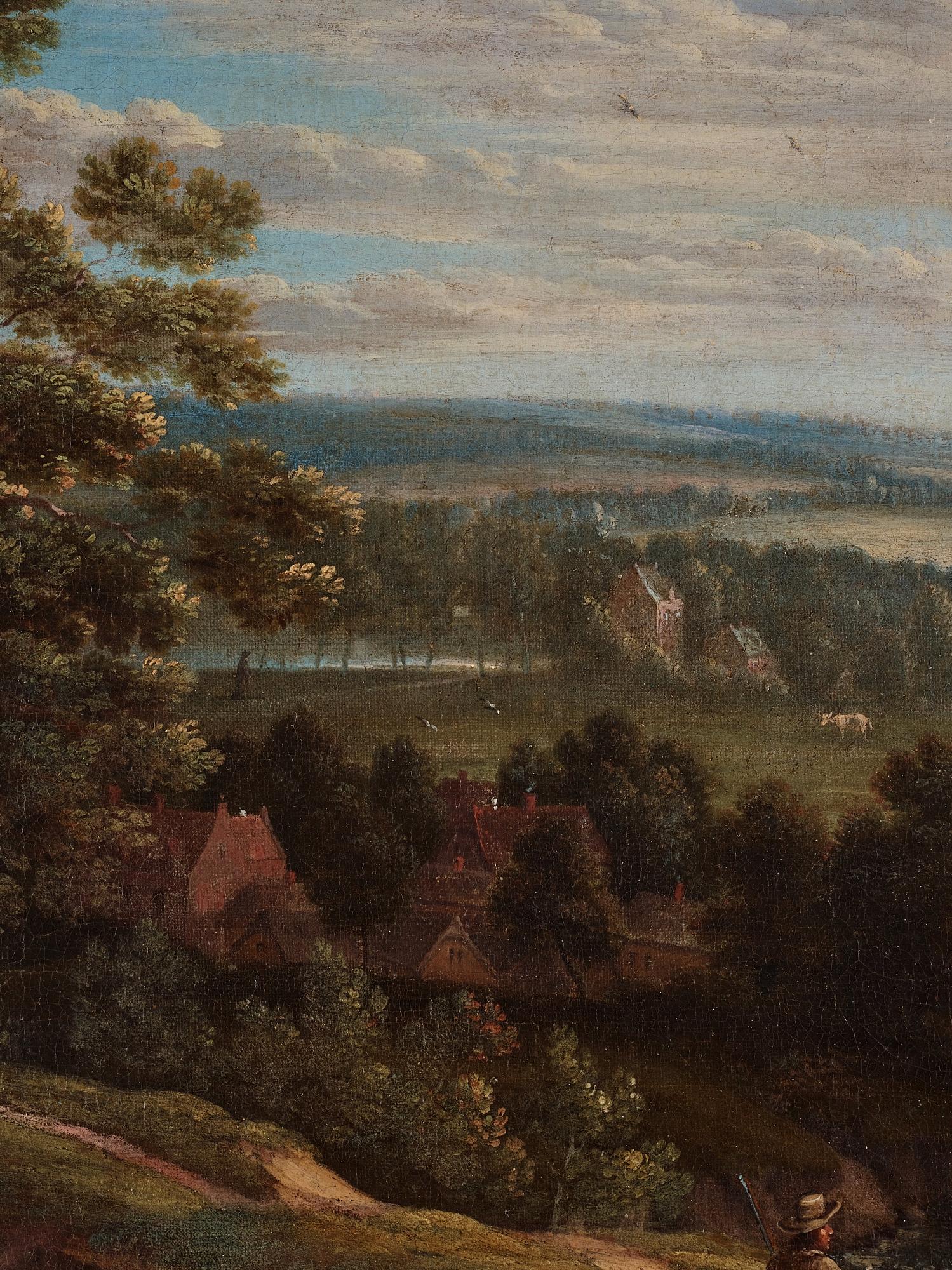 Louis Chalon Circle of, Extensive landscapes with walking figures, a ...