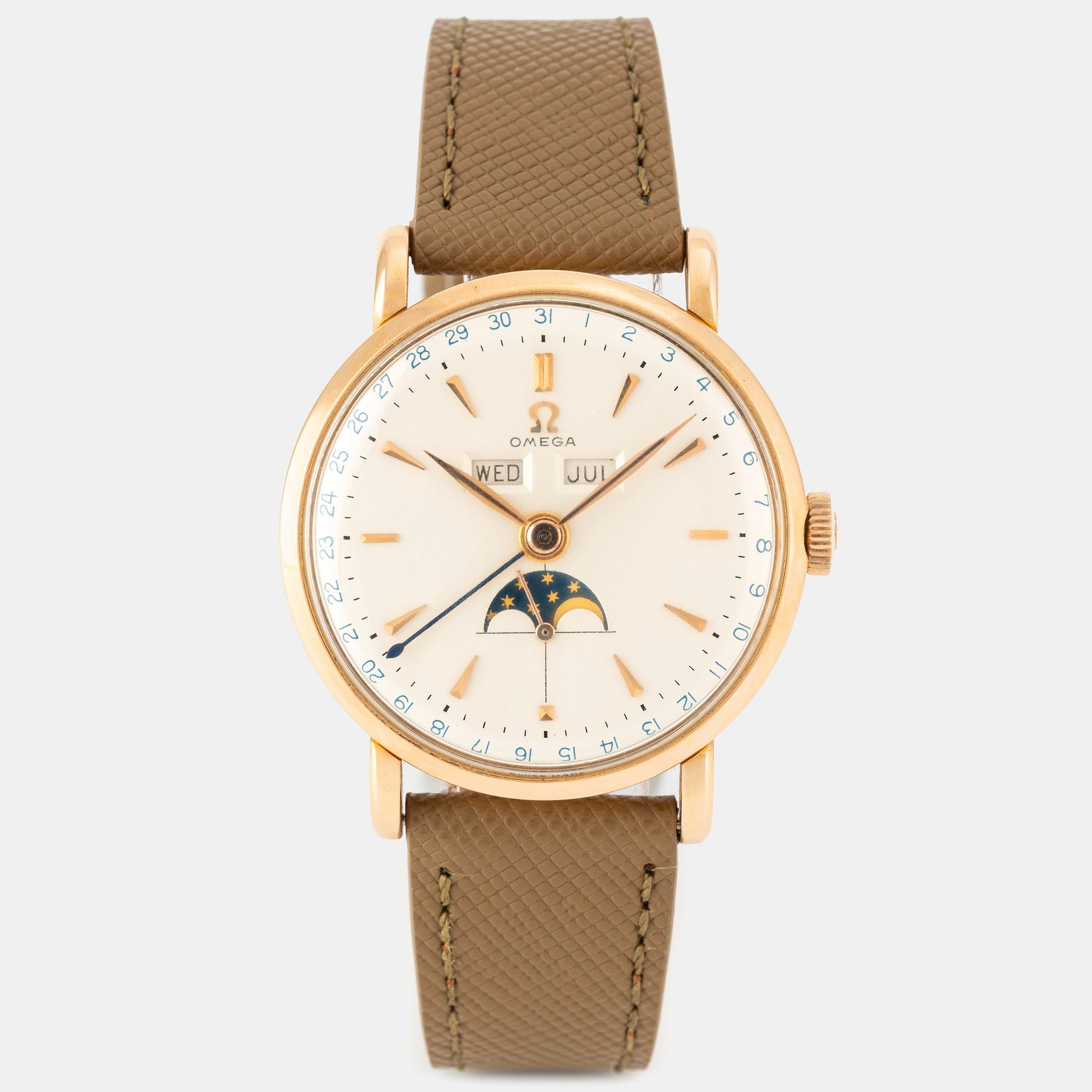 Omega, Cosmic, "Triple Date Moonphase", ca 1950. - Bukowskis