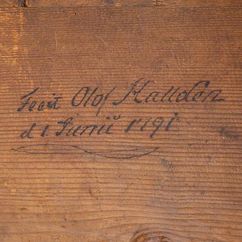 Lådspegel, gustaviansk, signerad "Fecit Olof Hallden d 1 junü 1791 ...