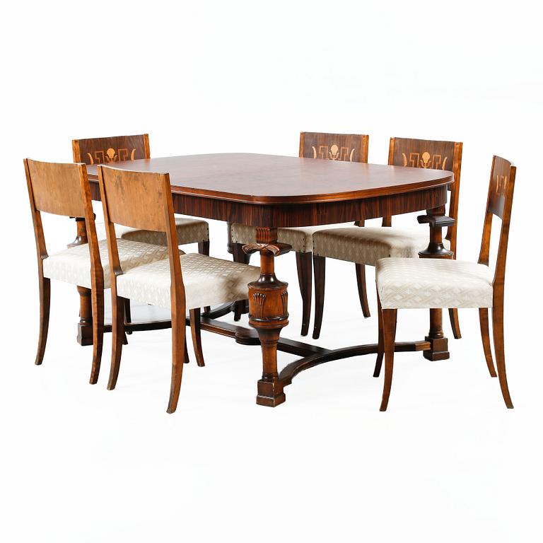 A 1920/30s swedish grace dining table with six chairs, "Rosenborg ...
