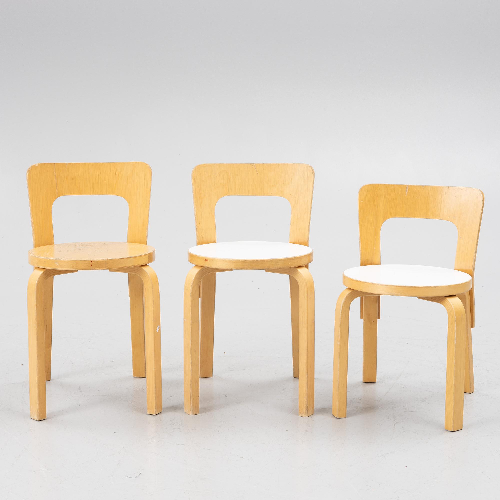 Alvar Aalto, stolar, 3 st, modell N65 och 65 för Artek 1990-talets slut ...