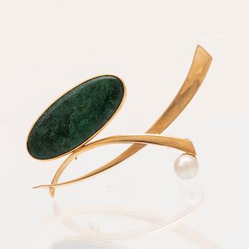 Brosch/hänge 18K guld grön sten och odlad pärla Milton Juvelerarefirman ...