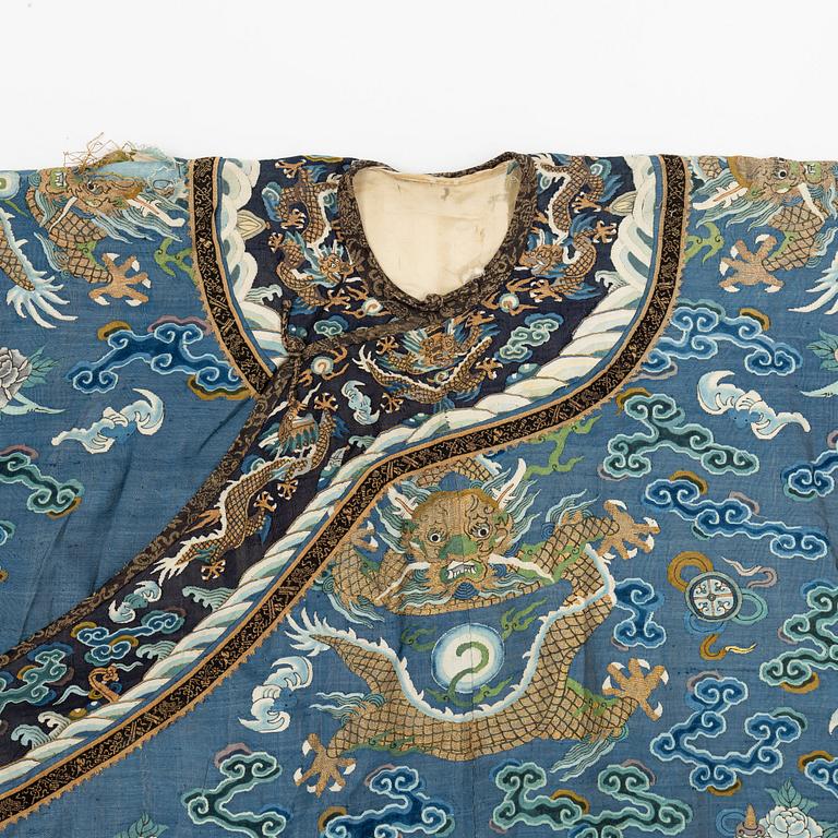 A five clawed dragon kesi robe on blue ground, Jifu, Qing dynasty, 19th ...
