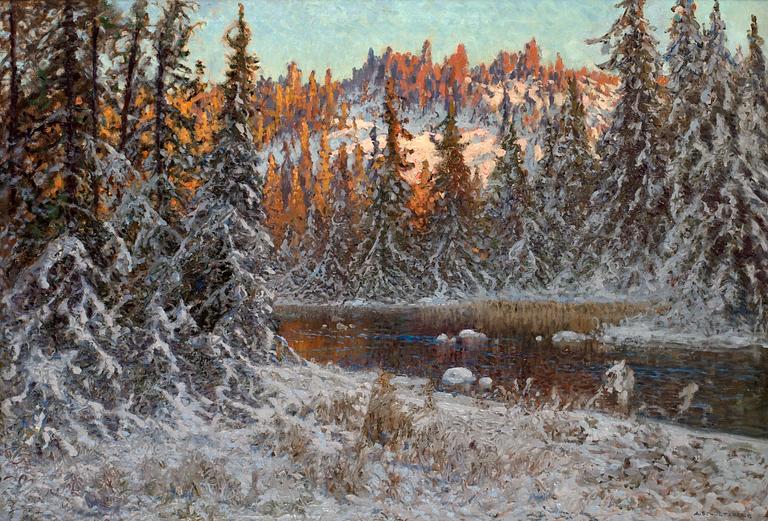 Anshelm Schultzberg, "Decemberafton vid en skogstjärn, Dalarne ...