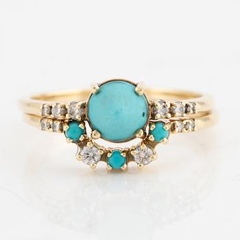 Two-part ring in 14K gold with turquoises and round brilliant-cut ...