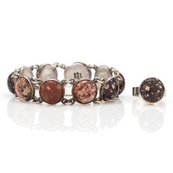 A silver bracelet and ring set with round, cabochon-cut porphyry ...