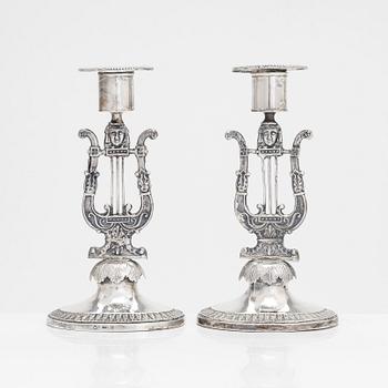 A pair of Empire silver candlesticks, maker marks of Johan Fredrik ...