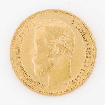 Nikolai II, gold coin, Russia, 5 Rubles, 1898. - Bukowskis