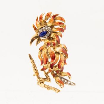 An 18K white and red gold enamel brooch set with single cut diamonds ...