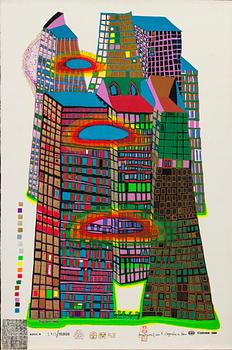 FRIEDENSREICH HUNDERTWASSER, färgserigrafi med metallprägling, signerad ...