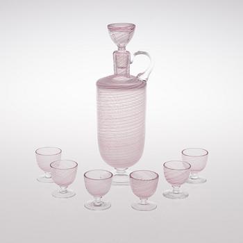 Filigree glass carafe and 6 liqueur glasses. Latter half of the 20th ...