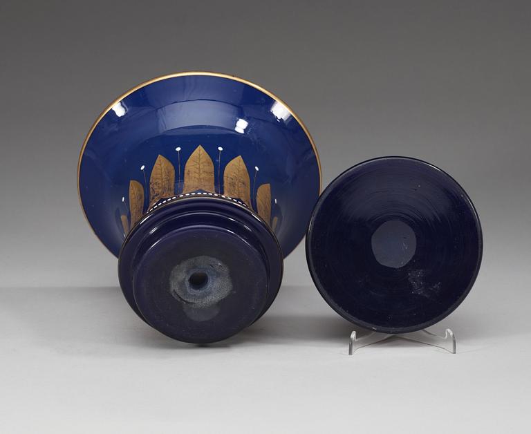 A Russian blue glass Cashe-pot with stand, Nikol'skoye glass factory ...