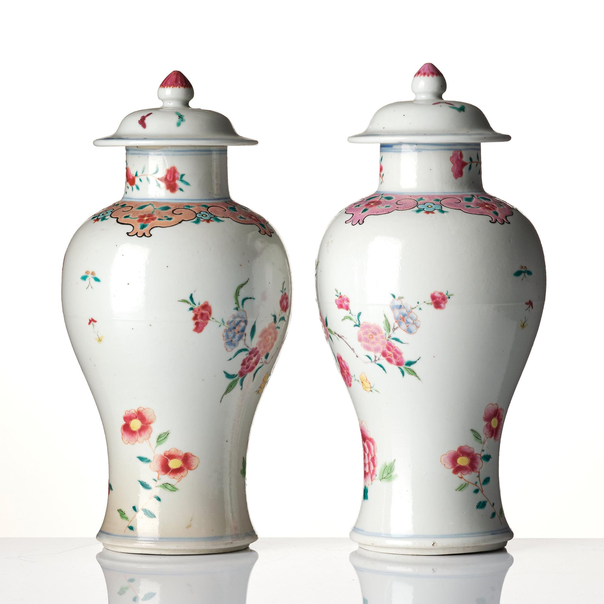 A pair of famille rose rooster vases with covers, Qing dynasty, 18th ...