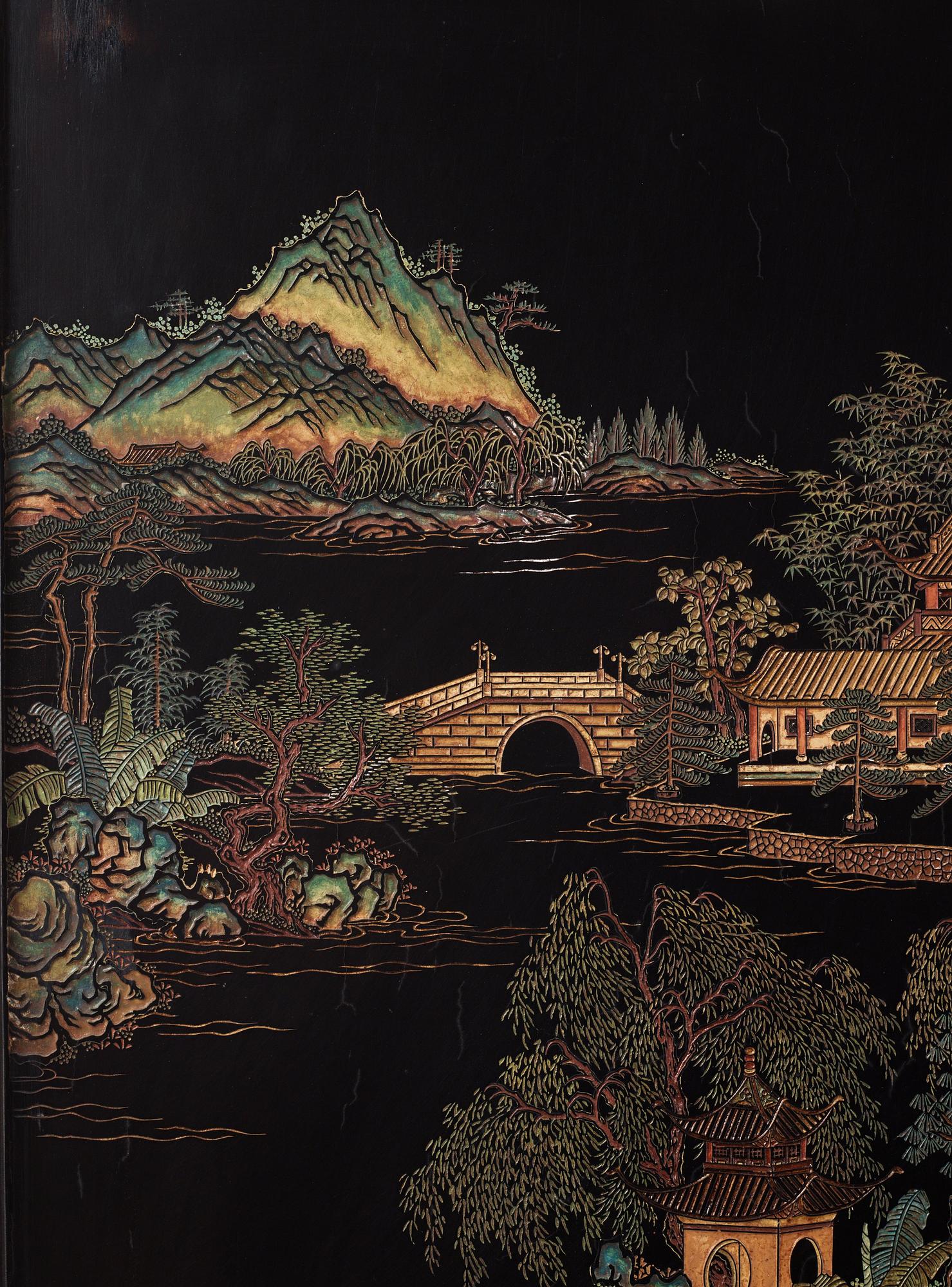 A set of four Chinese lacquer panels with wooden frames, early 20th ...