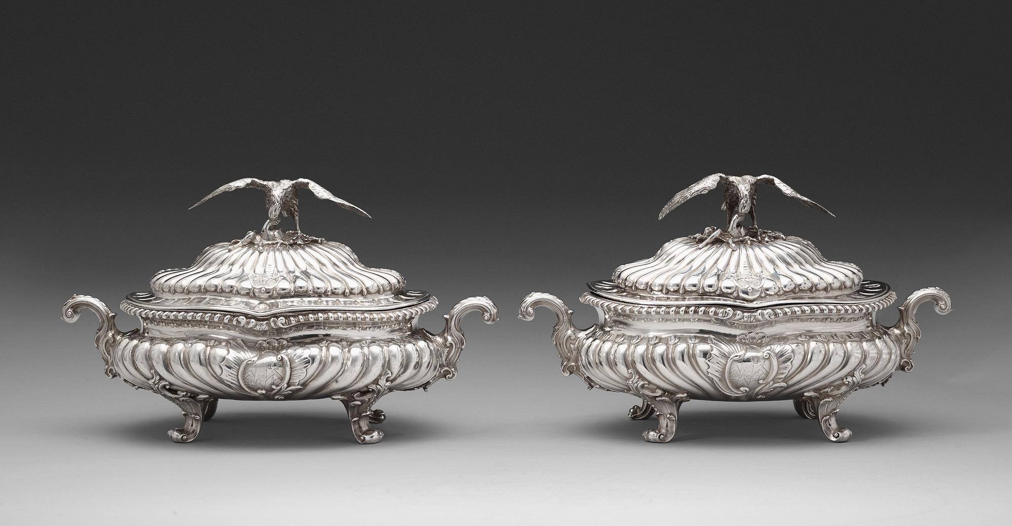 A pair of English mid 18th century silver tureens, marks of Frederick ...