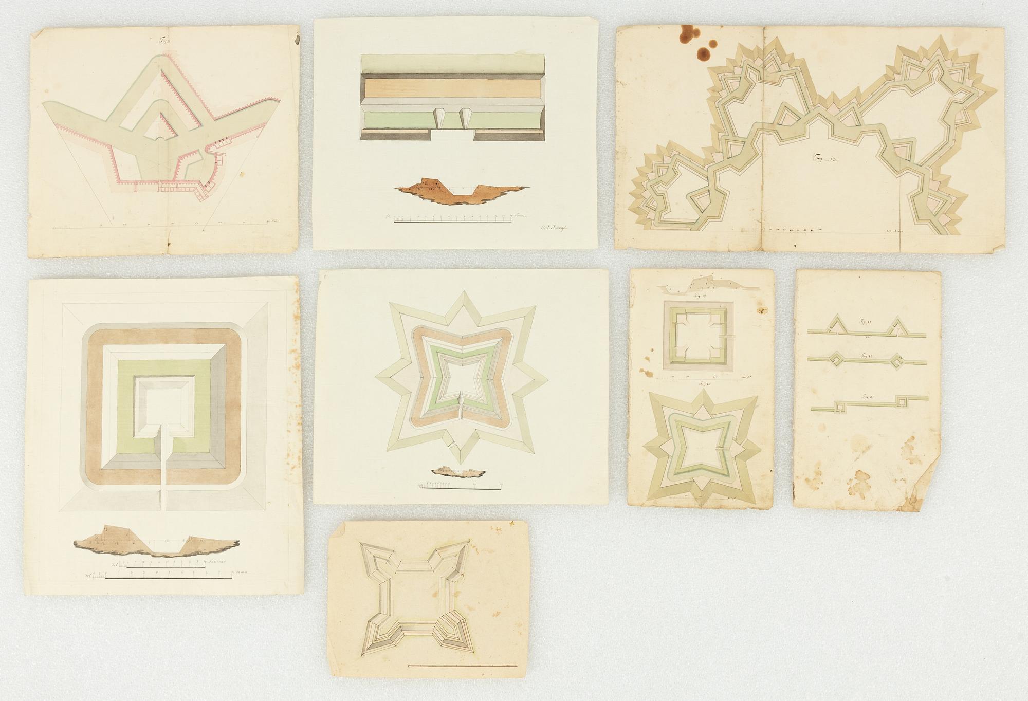 Ritningar till befästningar, 8 st, 1700-tal, Bl a. - Bukowskis