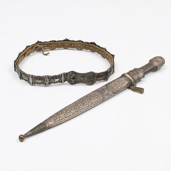 A latter half of 19th Century silver, steel and brass Kindjal and belt ...