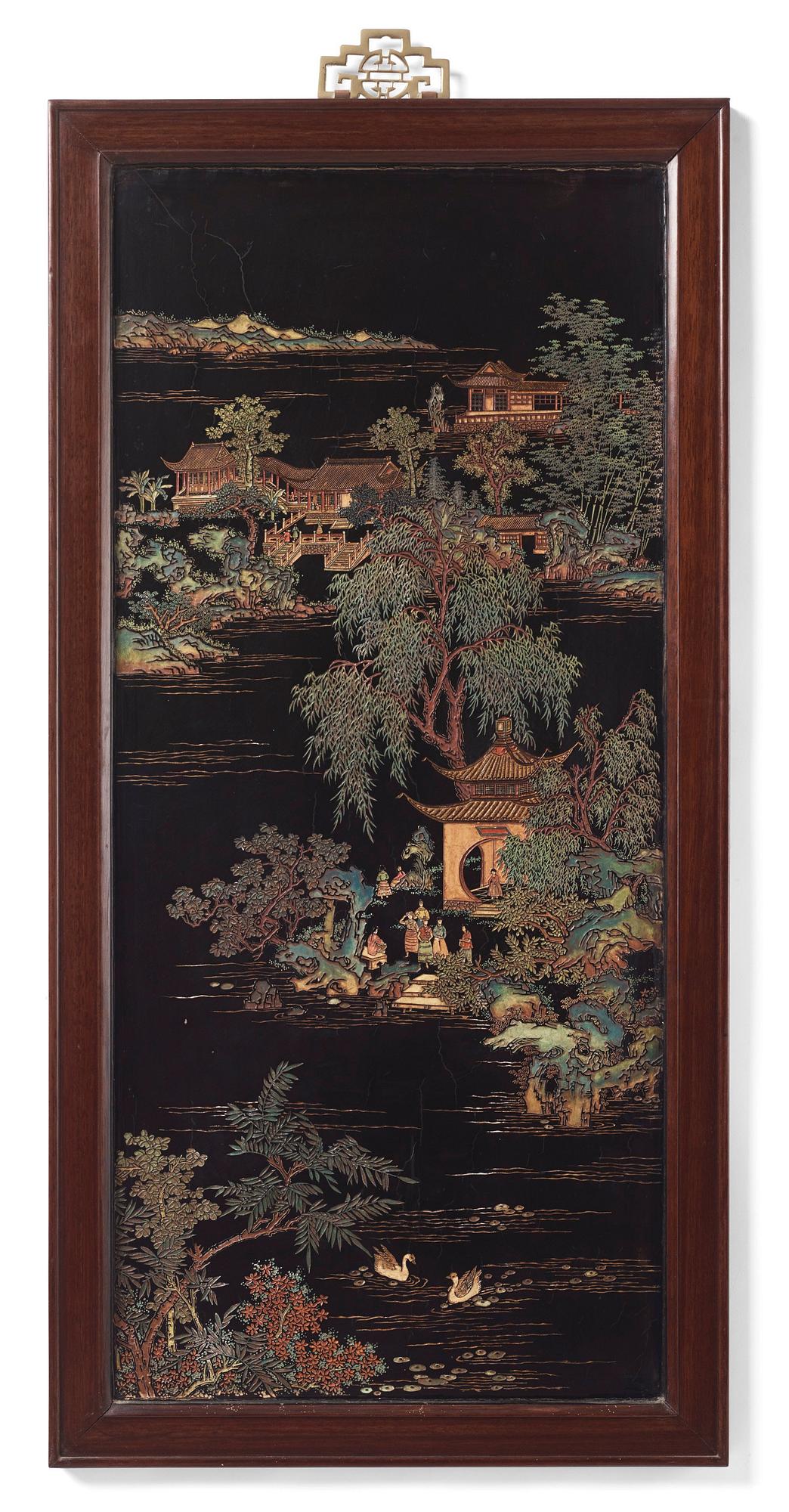 A set of four Chinese lacquer panels with wooden frames, early 20th ...
