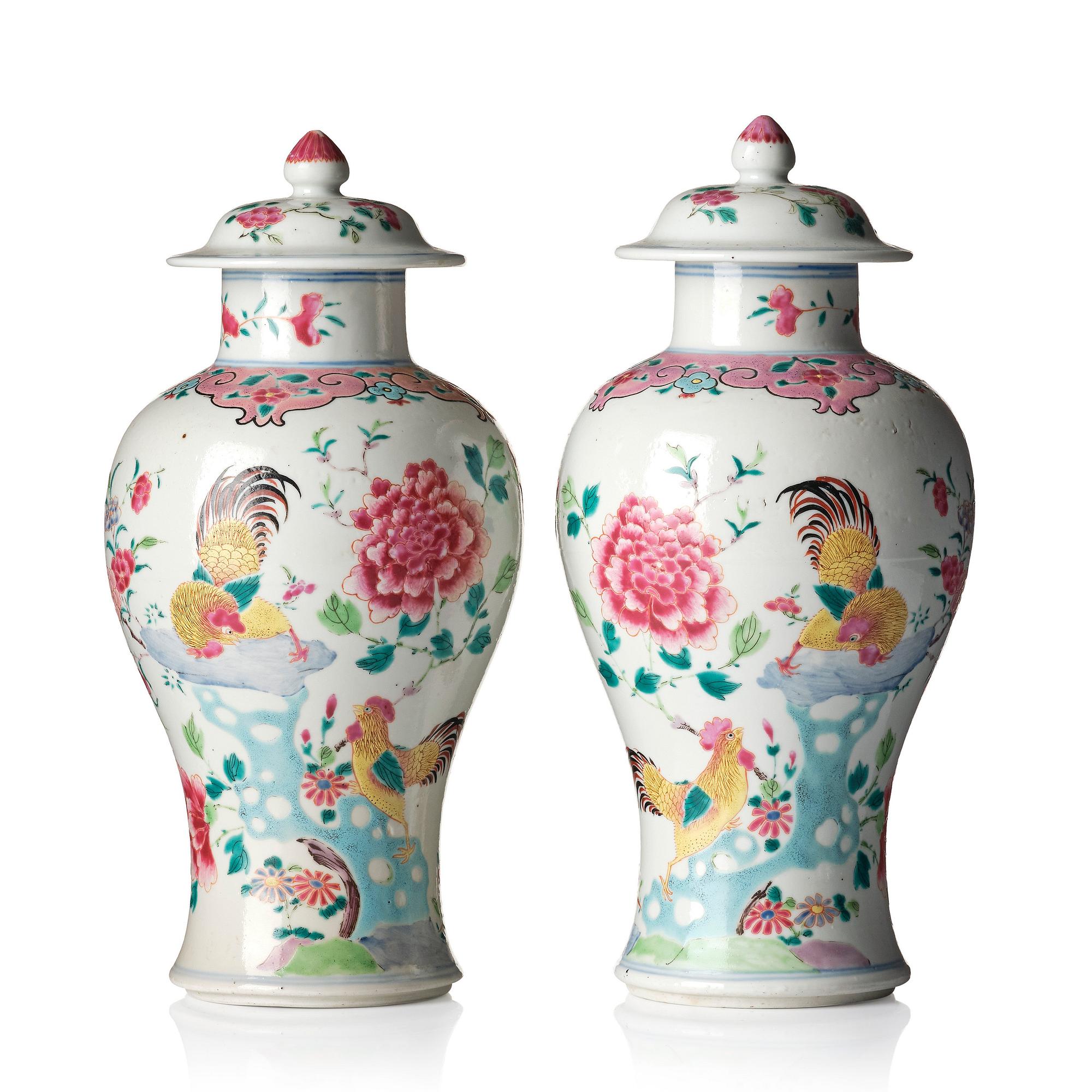 A pair of famille rose rooster vases with covers, Qing dynasty, 18th ...