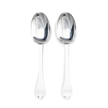 A pair of English trefid silver rat-tail spoons, London 1691. Possibly ...