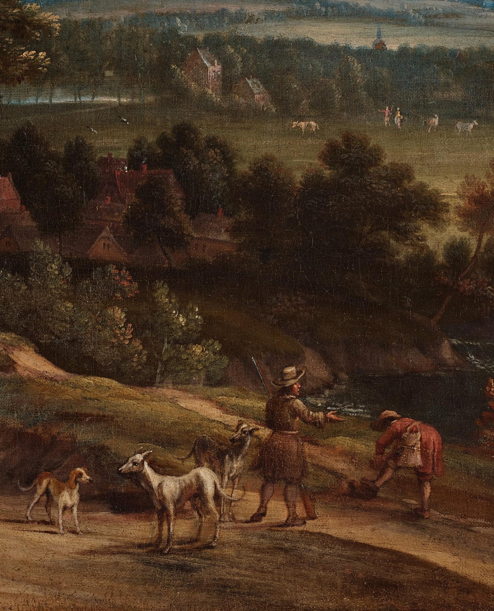 Louis Chalon Circle of, Extensive landscapes with walking figures, a ...