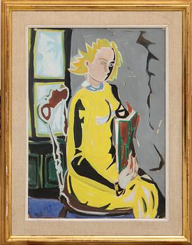 Eric Elfwén, interior with a reading woman in a yellow dress. - Bukowskis