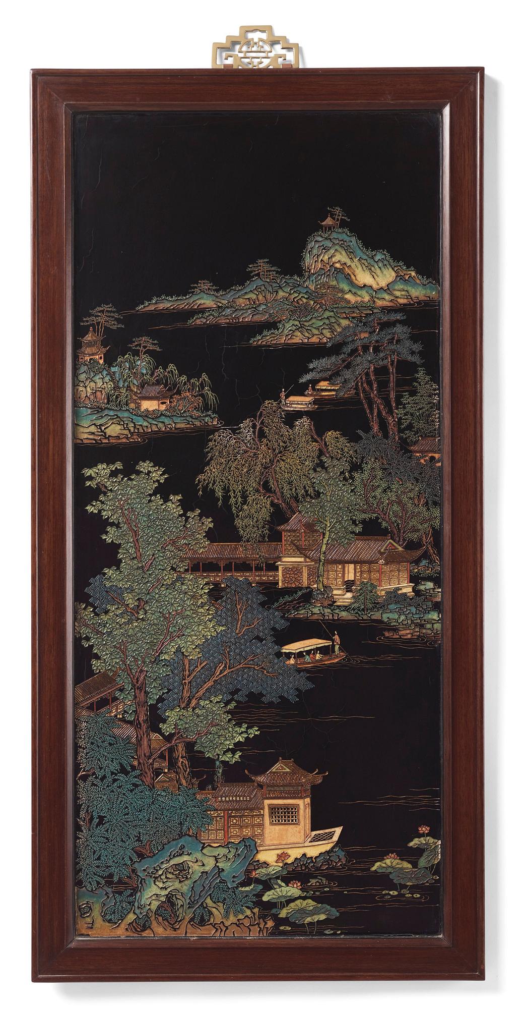 A set of four Chinese lacquer panels with wooden frames, early 20th ...
