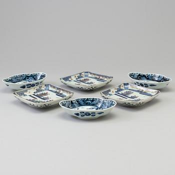 Three blue and white porcelain bowls and three trays, Japan, 20th ...