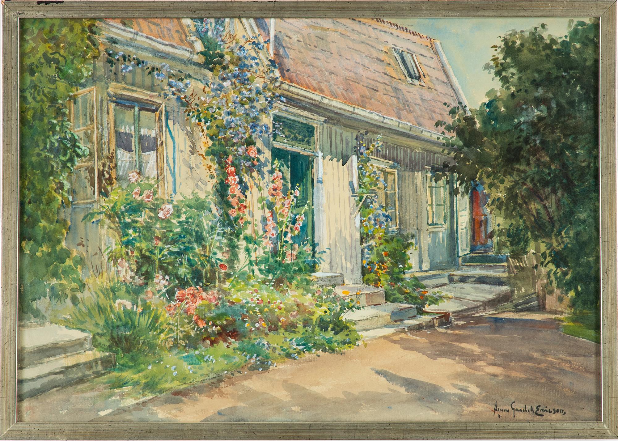 Anna Gardell-Ericson, Hus med klängrosor i solsken. - Bukowskis