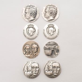 Eight commemorative silver medals depicting King Carl XVI Gustaf, Queen ...