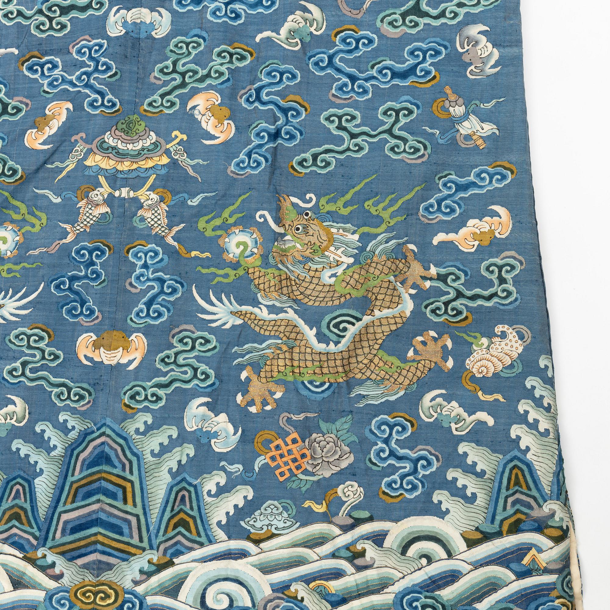 A five clawed dragon kesi robe on blue ground, Jifu, Qing dynasty, 19th ...